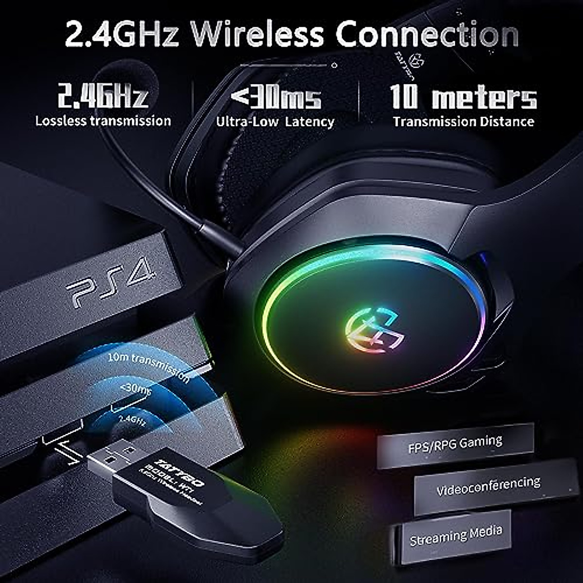 Tatybo Wireless Gaming Headset for PS4, PS5, PC - 2.4GHz Gaming Headphones with Detachable Noise Canceling Microphone, 30-Hr Battery Gaming Headsets for Laptop, Switch, Mac