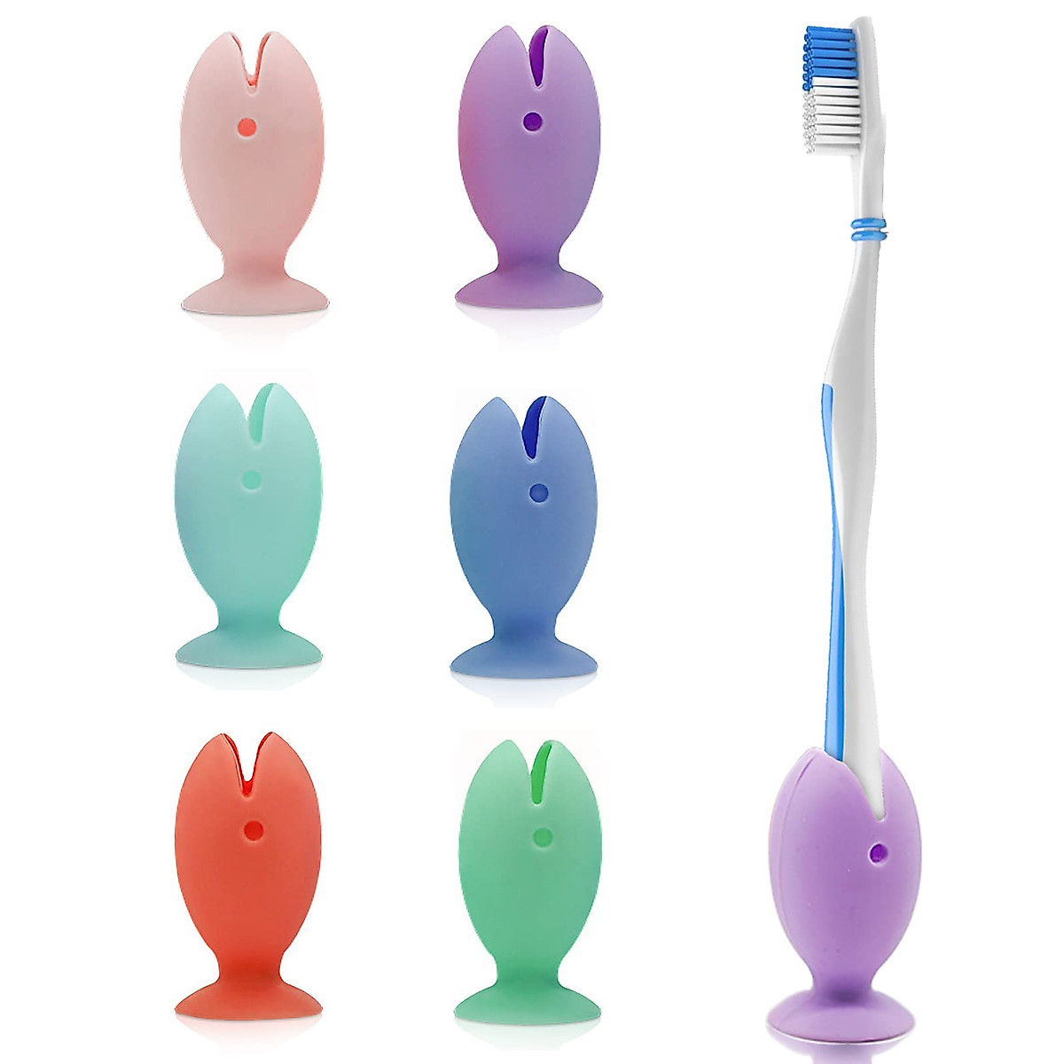 Cute Standing Tooth Brush Cover Cap Stand, Toothbrush Holder with Suction Cup, Portable Travel Toothbrush Head Cover Protector, Cute Fish Shape Silicone Suction Cup Toothbrush Holder. (6 PCS)