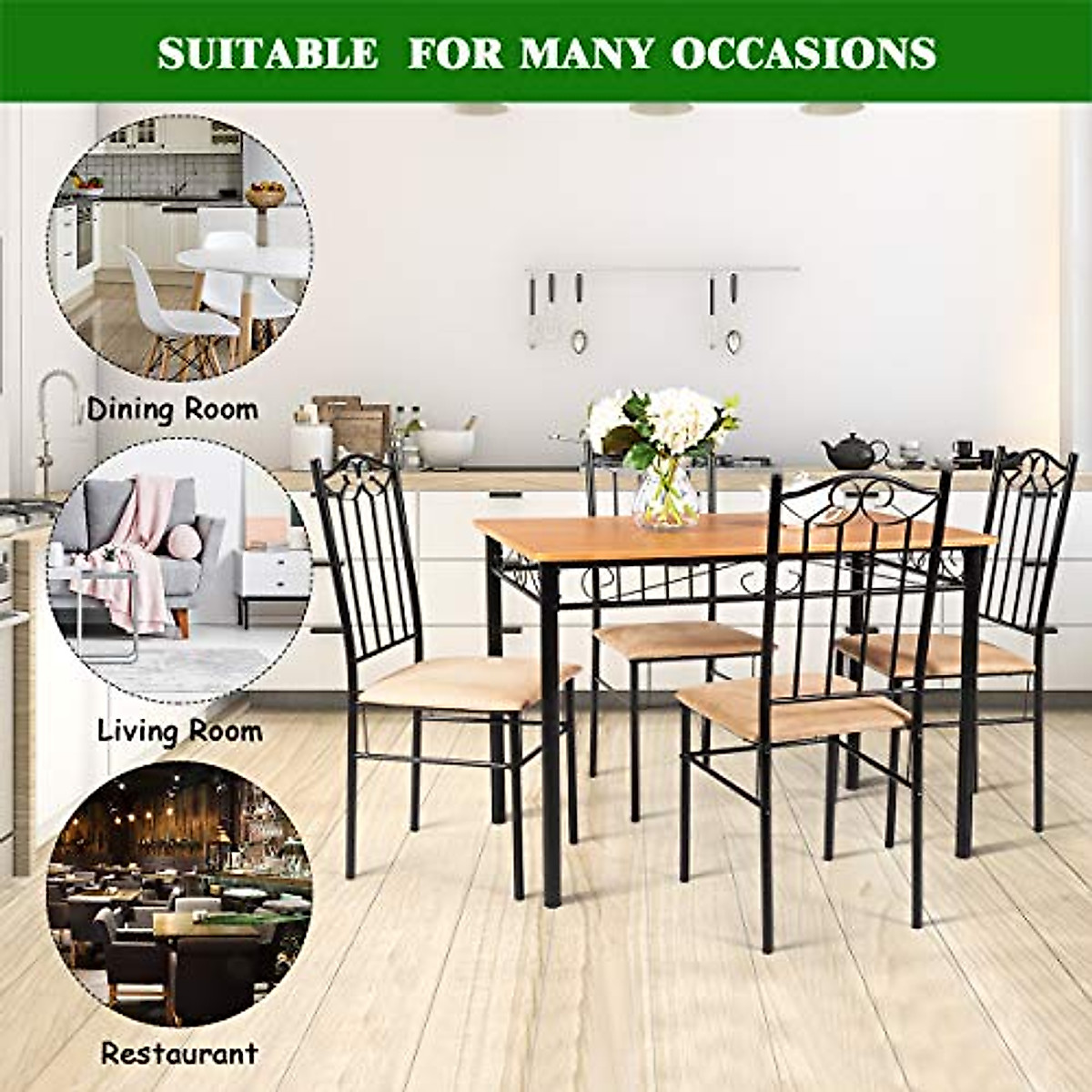 Tangkula 5 Piece Dining Table Set, Vintage Wood Top Padded Seat Dining Table and Chairs Set, Home Kitchen Dining Room Furniture