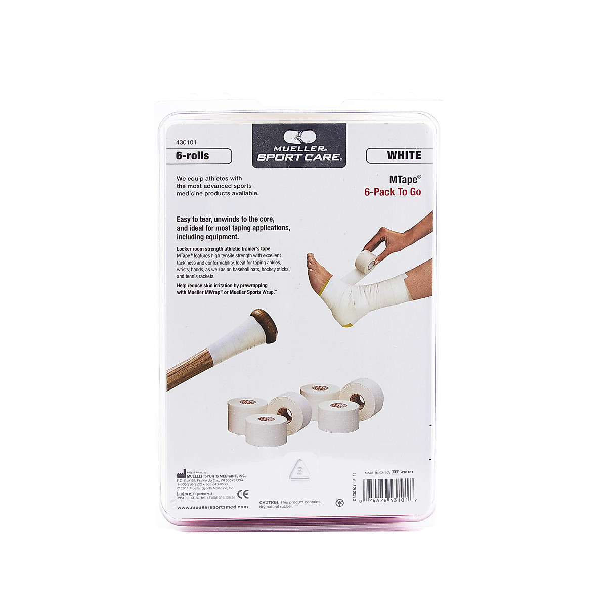 MUELLER Athletic Tape, 1.5" x 10yd Roll, White, 6 Pack