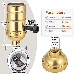 DiCUNO UL Listed 3-Way Lamp Socket Replacement, E26 Standard Threaded Base Light Socket, Turn Switch Knob for Low-Medium-High Light Settings, DIY Project, Table, Floor Lamp Repair Kit, 1-Pack, (Gold)