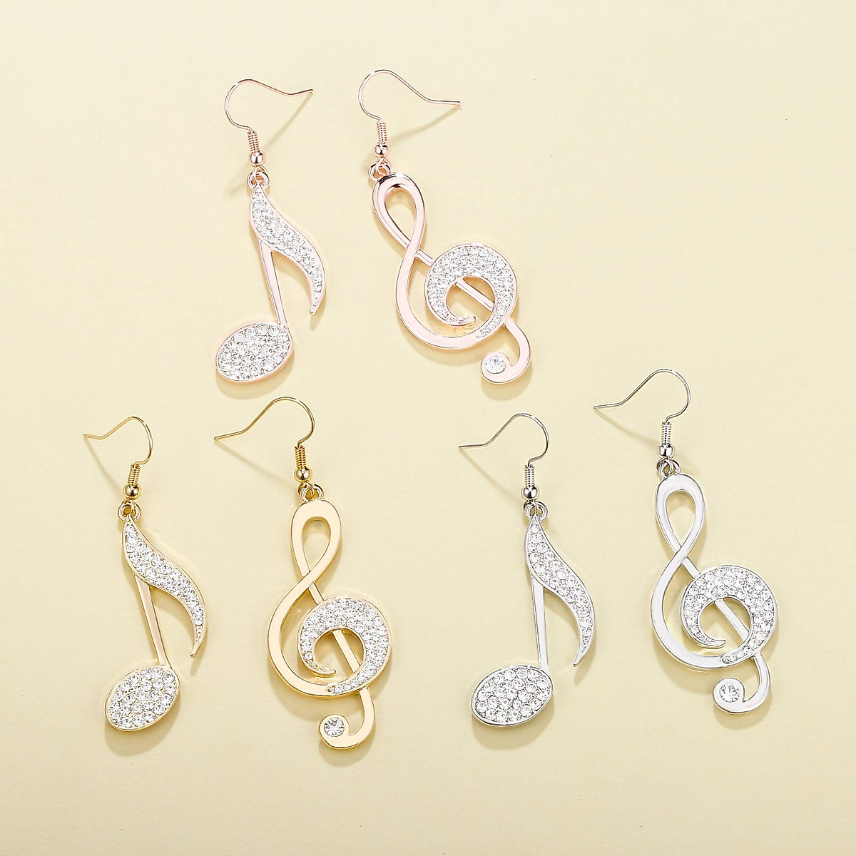 Women Dangle Earrings with Music Note Drop - CZ Clear Crystal Musical Fans Clip on Hook Earring, Rhinestone Fashion Costume Jewelry for Girls…