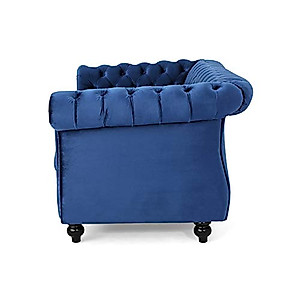 Christopher Knight Home Karen Traditional Chesterfield Loveseat Sofa, Navy Blue and Dark Brown, 61.75 x 33.75 x 27.75