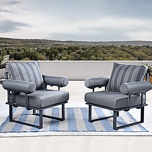 HOOOWOOO Aluminium Outdoor Chairs Set of 2 Patio Club Chairs Armchairs Bistro Set Chairs with Armrest Cushions,Grey Frame Grey Stripes Thick Cushions