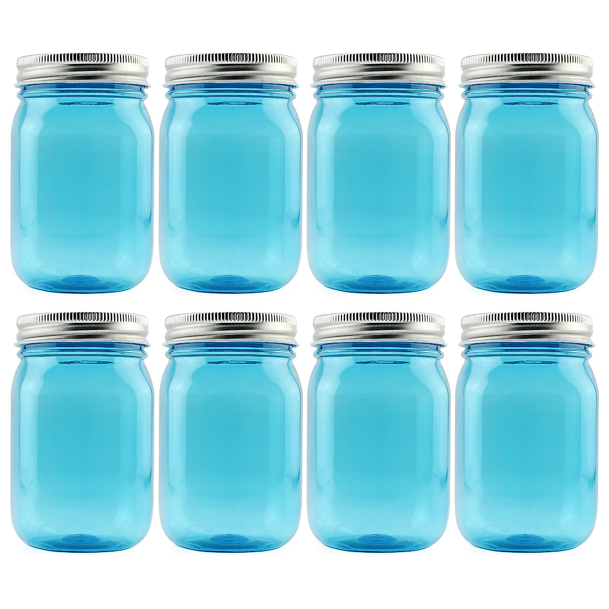 Cornucopia Brands 16oz PLASTIC Mason Jars (8-Pack, Blue w/Silver Metal Lids); PET BPA-Free Mason Jars w/One Piece Lids, 2-Cup/Pint Capacity
