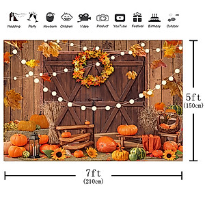 Aperturee 7x5ft Fall Thanksgiving Backdrop Rustic Barn Wood Door Harvest Autumn Pumpkins Maple Rural Door Wreath Decor Photography Background Kids Baby Portrait Party Decor Photoshoot Studio Props