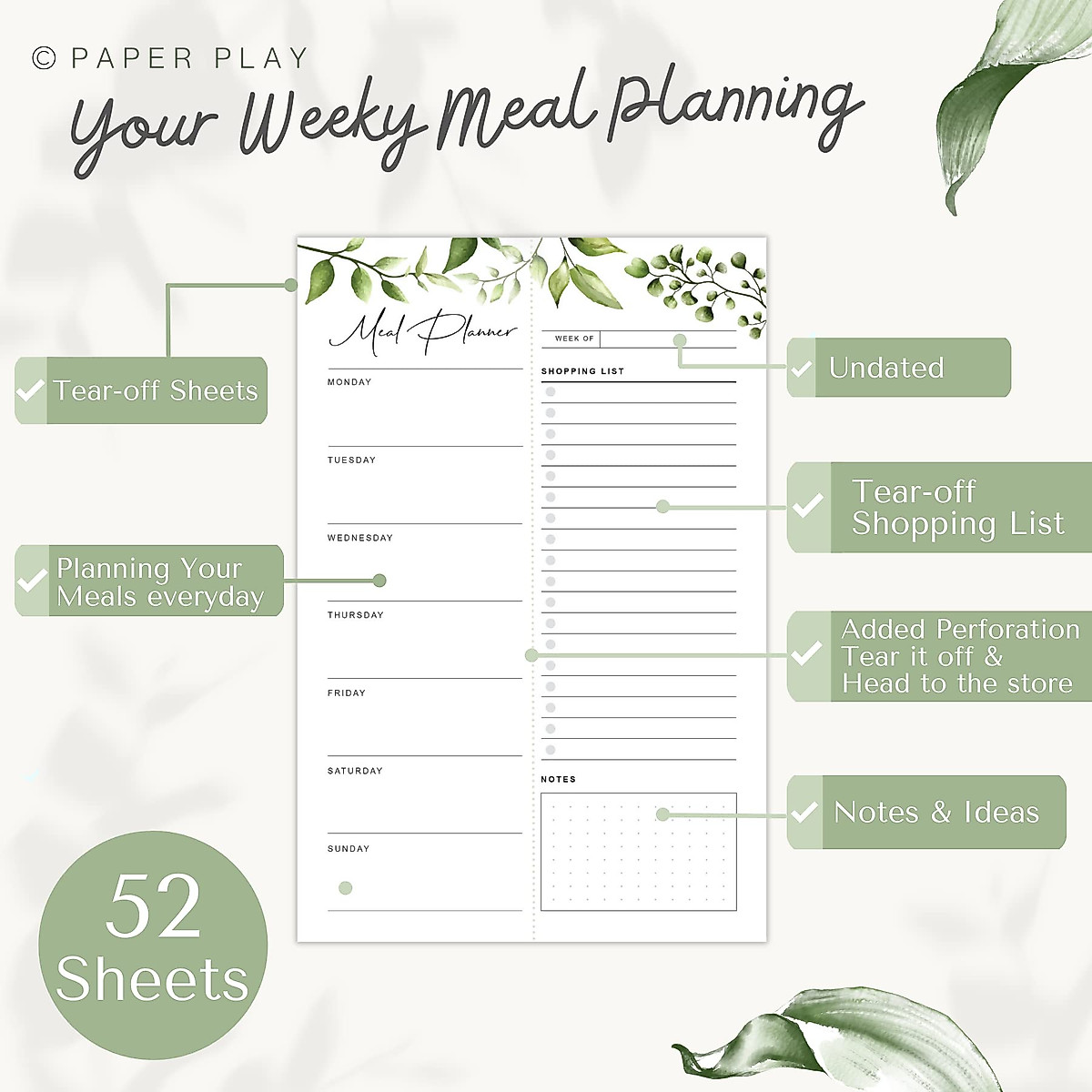 Magnetic Meal Planning Pad for Fridge 52 Undated Tear-off Sheets | 6x9 Inch Meal Planning Notepad | Notebook for Meal Planner and Grocery List with Magnet | Weekly Meal Planner for kitchen with Tear Off Shopping List