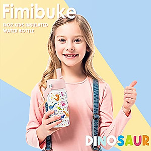 Fimibuke Kids Insulated Water Bottle - 14oz BPA-FREE 18/8 Stainless Steel Travel Tumbler Double Wall Vacuum Leak Proof Kids Cup with Straw Metal Bottle for School Boys Girls(1 Pack, WHITE DINOSAUR)