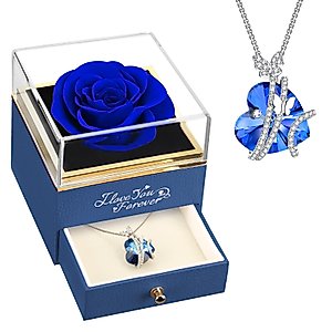 NEWNOVE Preserved Blue Real Rose with Butterfly Necklace, Gifts for Women, Wife, Mom and Girlfriend on Christmas, Anniversary Birthday Flower Gifts for Women