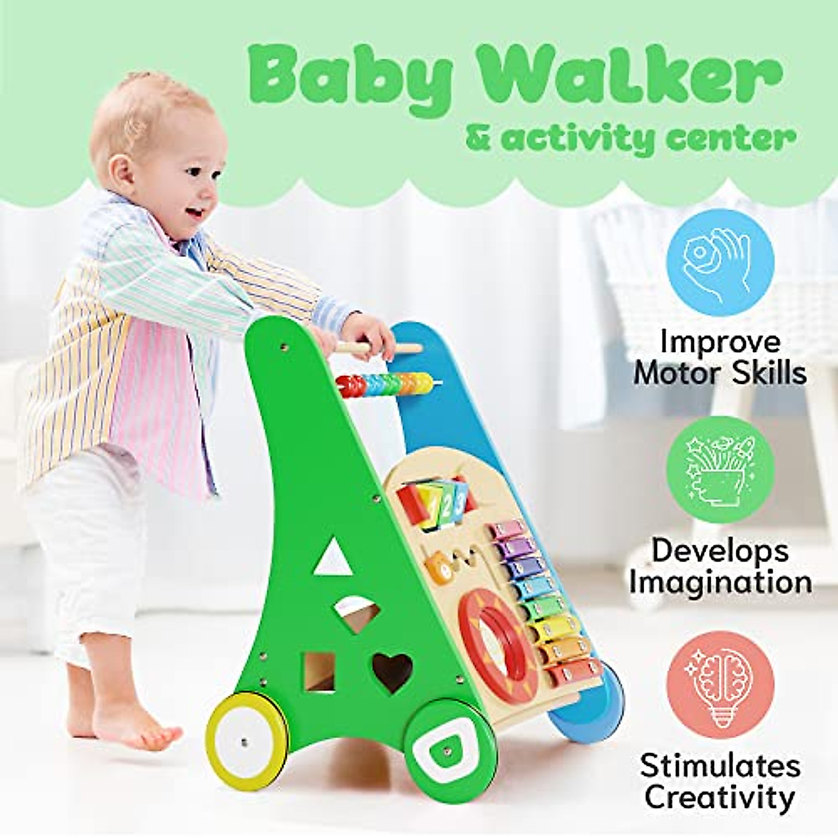 KIDDERY TOYS Baby Toys – Kids’ Activity Toy – Wooden Push and Pull Learning Walker for Boys and Girls – Multiple Activities Center – Assembly Required – Develops Motor Skills & Stimulates Creativity