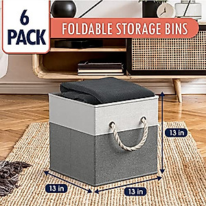 Ornavo Home Foldable Collapsible Storage Box Bins Linen Fabric Shelf Basket Cube Organizer with Rope Handles - Set of 6-13 x 13 x 13 - White/Gray
