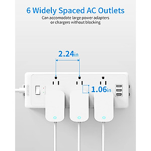 15 FT Extension Cord Surge Protector Power Strip 6 Super Wide Spaced Outlets, NTONPOWER Flat Plug Surge Protector Wall Mount with 3 USB, 1875W, 15A, 1700 Joules, Overload Protection for Home Office
