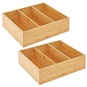 mDesign Bamboo Kitchen Pantry Organizer Bin Box, 3 Sections - Wooden Stackable Basket Crates for Food, Produce, Vegetable Storage - Use on Shelves or in Closet, Echo Collection, 2 Pack - Natural/Tan