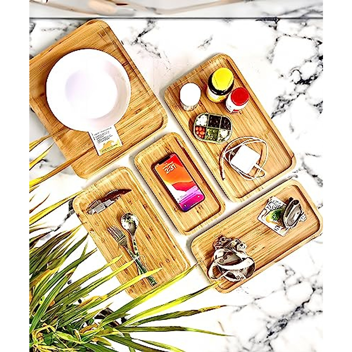 Bam&Boo Natural Bamboo Serving Tray Minimalist Rectangular — Food, Storage, Decor for Breakfast, Parties, Weddings, Picnics (12.5" x 7")