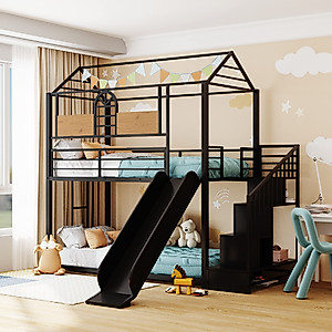 Bellemave House Bunk Bed with Slide and Stairs Twin Over Twin Floor Bunk Bed Frame Metal Playhouse Bunked with Storage Shelves for Kids Boys Girls Teens, Black with MDF