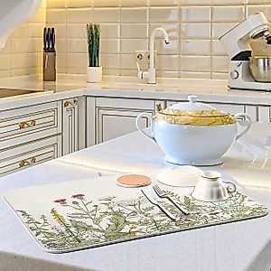 Baofu Herbs And Wild Flowers Dish Drying Mat for Kitchen Counter, Ultra Absorbent Reversible Microfiber Dishes Drying Rack Pad Heat-resistant Mats 16x18in