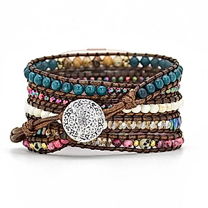 Somesame Compatible with Fitbit Versa/Versa 2/Versa Lite/Versa SE Bands Boho Beads Bracelets,Multilayer 5 Wraps Chakra Leather Handmade Braided Natural Stone Rope Watch Strap for Women Men