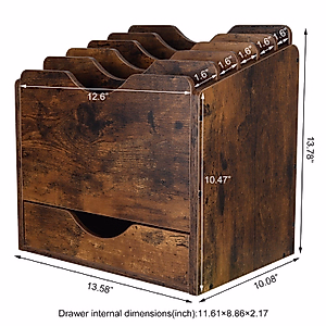 PAG Wood Desktop File Holder Organizer Mail Sorter with Drawer, for File Folders, Mails, Envelopes, Mailing Supplies or Magazines, 6 Compartments, Antique Brown