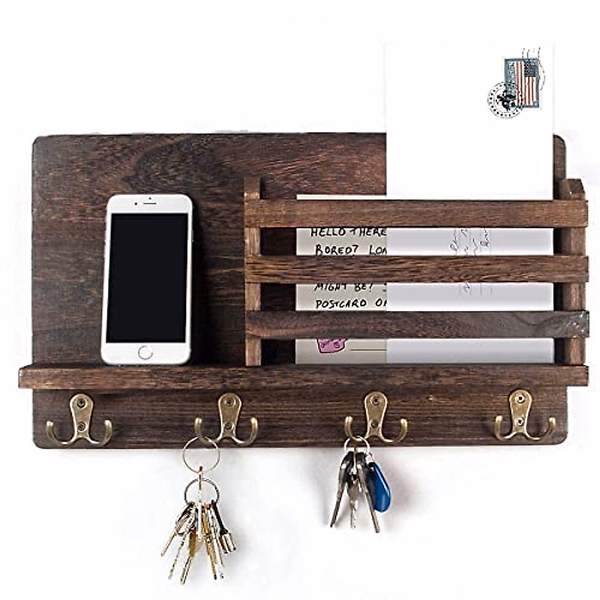 DUNCHATY Mail and Key Holder for Wall Decorative - Wall Mounted Rustic Mail Organizer with 4 Double Hooks and Mail Rack, Wood Shelf Home Decor for Entryway, Mudroom, Hallway