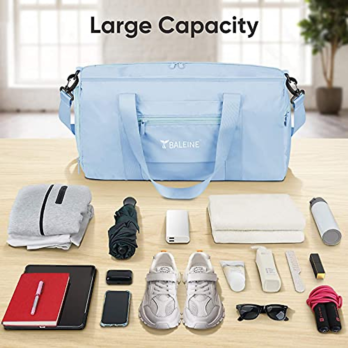 BALEINE Gym Bag for Women and Men, Small Duffel Bag for Sports, Gyms and Weekend Getaway, Waterproof Dufflebag with Shoe and Wet Clothes Compartments, Lightweight Carryon Gymbag (Azure)