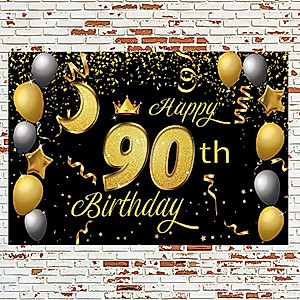 Sweet Happy 90th Birthday Backdrop Banner Poster 90 Birthday Party Decorations 90th Birthday Party Supplies 90th Photo Background for Girls,Boys,Women,Men - Black Gold 72.8 x 43.3 Inch