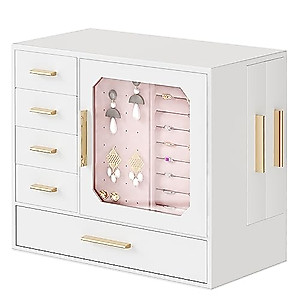 HOOBRO Jewelry Box with Glass Window, Large Capacity Jewelry Organizer, Jewelry Storage, Portable Jewelry Organizer Box, Modern Style, White and Light Gold WT05JB04