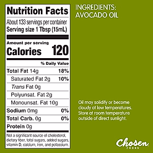Chosen Foods 100% Pure Avocado Oil, Keto and Paleo Diet Friendly, Kosher Oil for Baking, High-Heat Cooking, Frying, Homemade Sauces, Dressings and Marinades (2 liters)