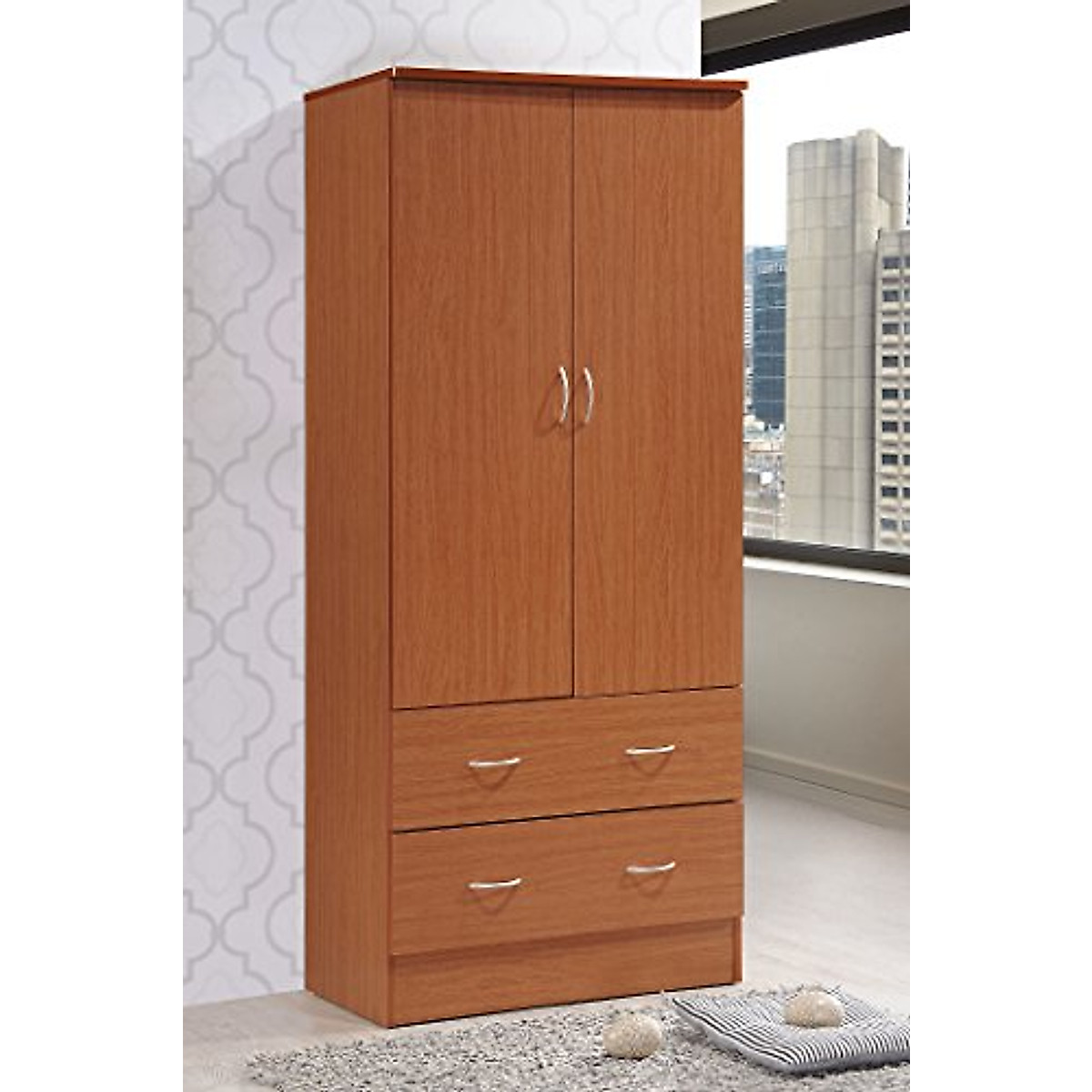 HODEDAH IMPORT- Two Door Wardrobe, with Two Drawers, and Hanging Rod, Cherry