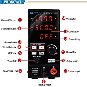 Lwlongwei Programmable DC Power Supply Variable, 100V 3A 300W Adjustable Switching Regulated DC Bench Power Supply with 4-Digits LED Power Display 5V/2A USB Output, Coarse and Fine Adjustments