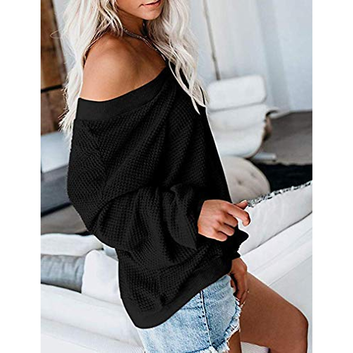 Tobrief Women's V Neck Long Sleeve Waffle Knit Tops Off Shoulder Oversized Pullover Sweater A-Black