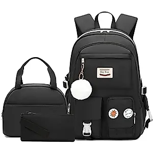 Hey Yoo School Backpack for Girls Backpack with Lunch Box Teen Girl Backpack Set Cute School Bag Bookbag for Teen Girls (Black)