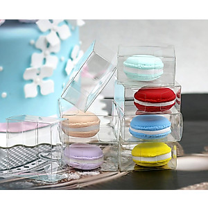 Nicunom 100 Pack Clear Macaron Boxes, Plastic Favor Boxes, 2.17" x 2.17" x 1.38" Bakery Boxes Candy Containers for Chocolate Cake Desserts Cupcakes Cookies Muffins Party Favors Packaging