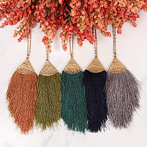 RIAH FASHION Antique Bohemian Silky Thread Fan Tassel Statement Necklace - Vintage Gold Feather Shape Strand Fringe Lightweight Long Chain (Feather Fringe - Hot Pink)