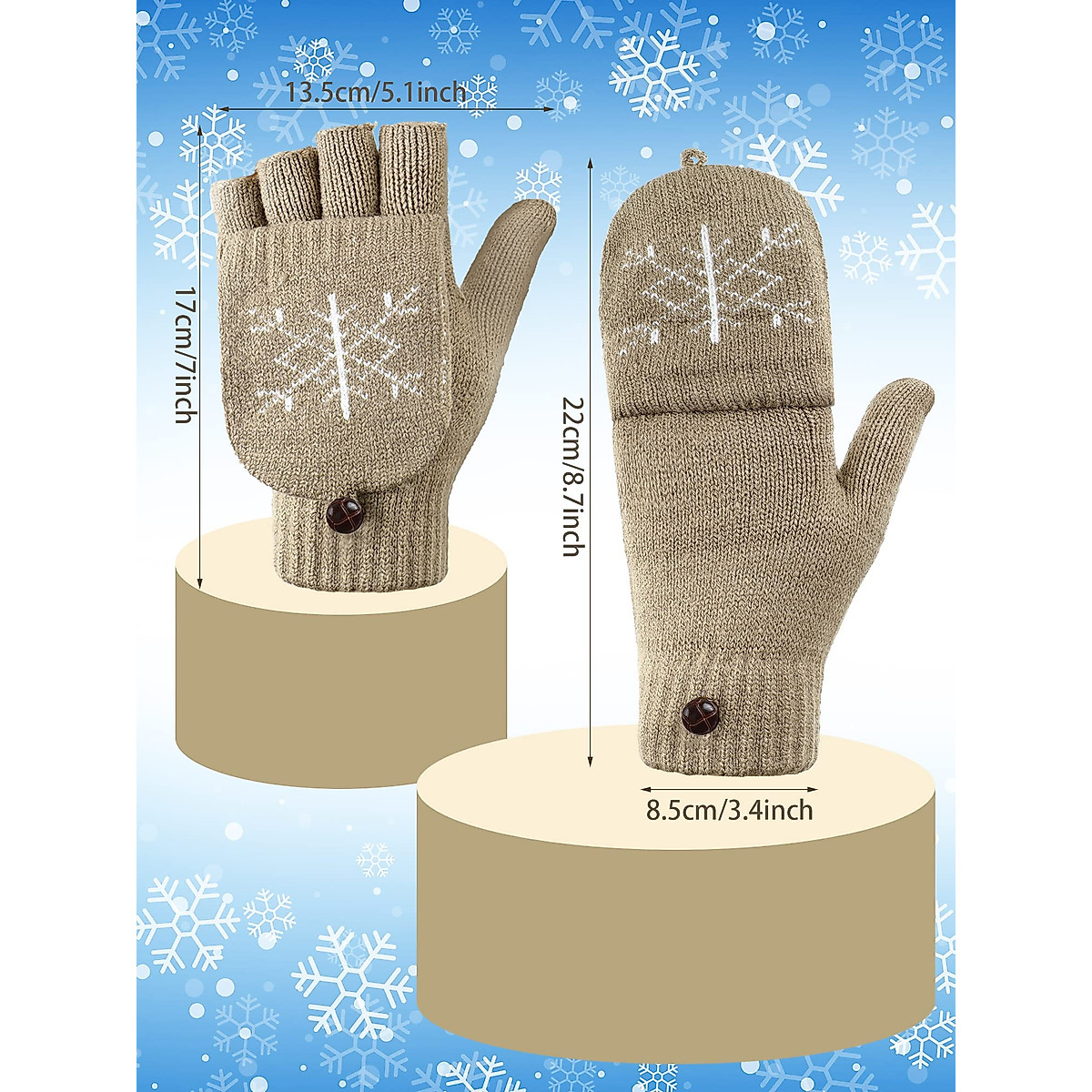 4 Pairs Women Knitted Winter Fingerless Gloves Thermal Convertible Knit Flip Wool Gloves Warm Half Finger Mittens for Women (White, Black, Gray, Khaki, Snowflake Style)