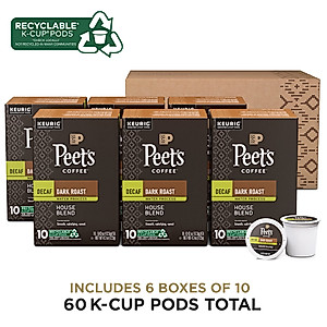 Peet's Coffee, Dark Roast Decaffeinated Coffee K-Cup Pods for Keurig Brewers - Decaf House Blend 60 Count (6 Boxes of 10 K-Cup Pods)