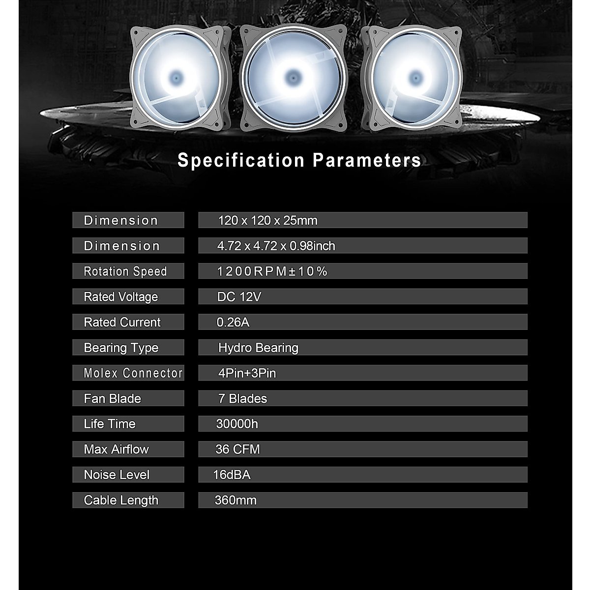 120mm Computer PC Cooling Fan White LED Game Case Cooler Fan Quiet 12V Computer PC Fan with Triple Light Loop 3-Pack
