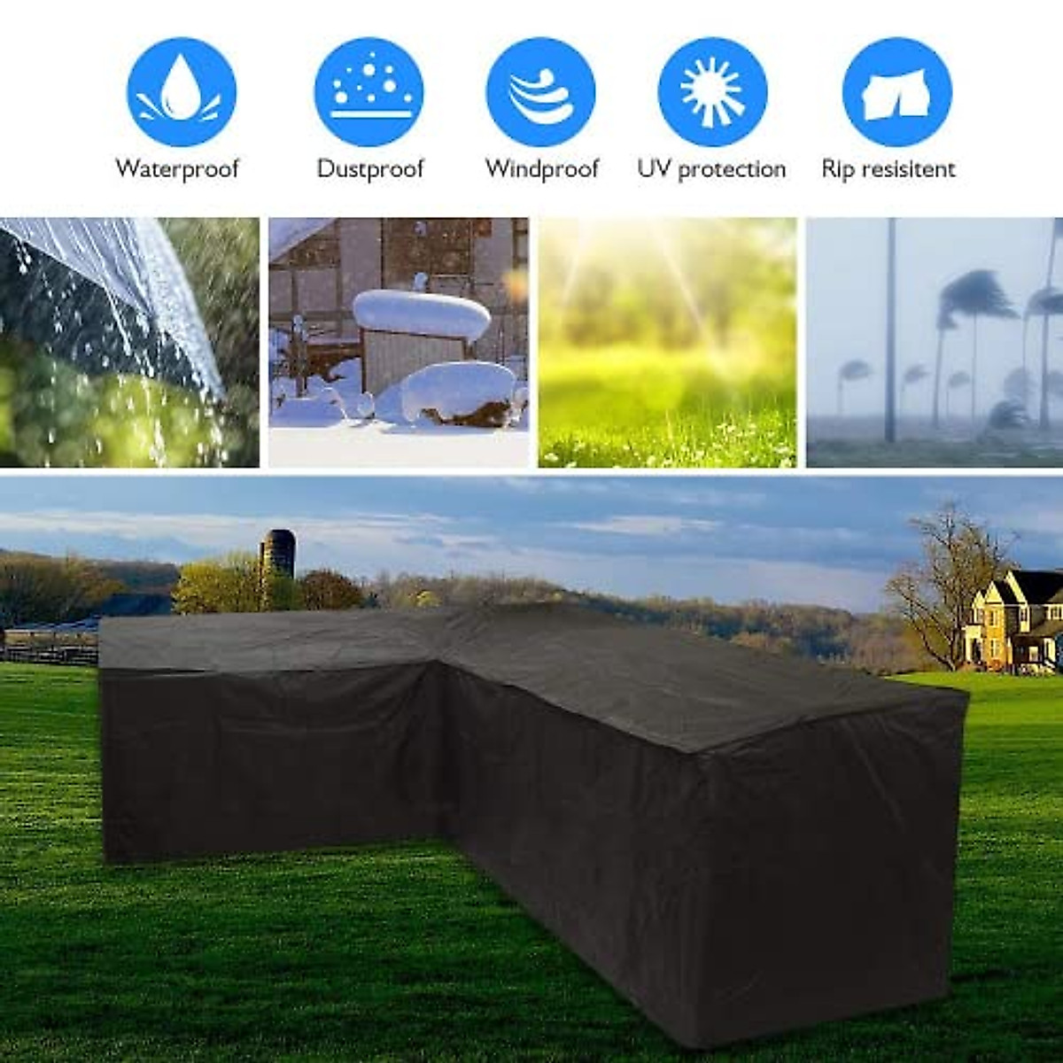 Patio Cover, Large Outdoor Sectional Furniture Cover, V-Shaped Waterproof Outdoor Veranda Sofa Cover Garden Couch Protector Black (85''Lx85''Lx34''H) (215X215X87CM) (SW-8596)
