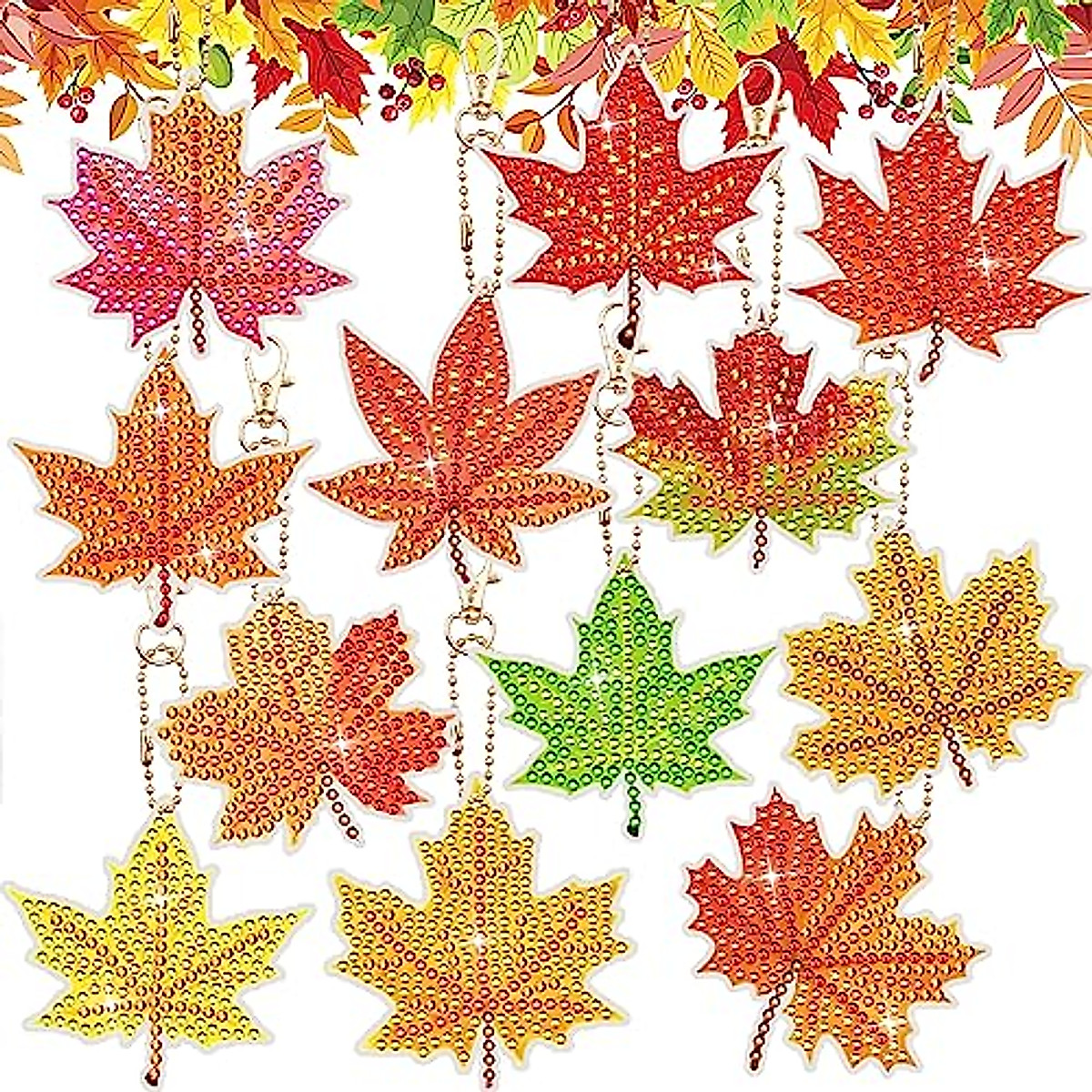 12 Pieces Fall Diamond Painting Keychains Fall Leaves Diamond Art Key Rings Double Sided Full Drill Maple Leaf 5D Diamond Pendants DIY Diamonds Hanging Ornaments for Autumn Thanksgiving Party Decor