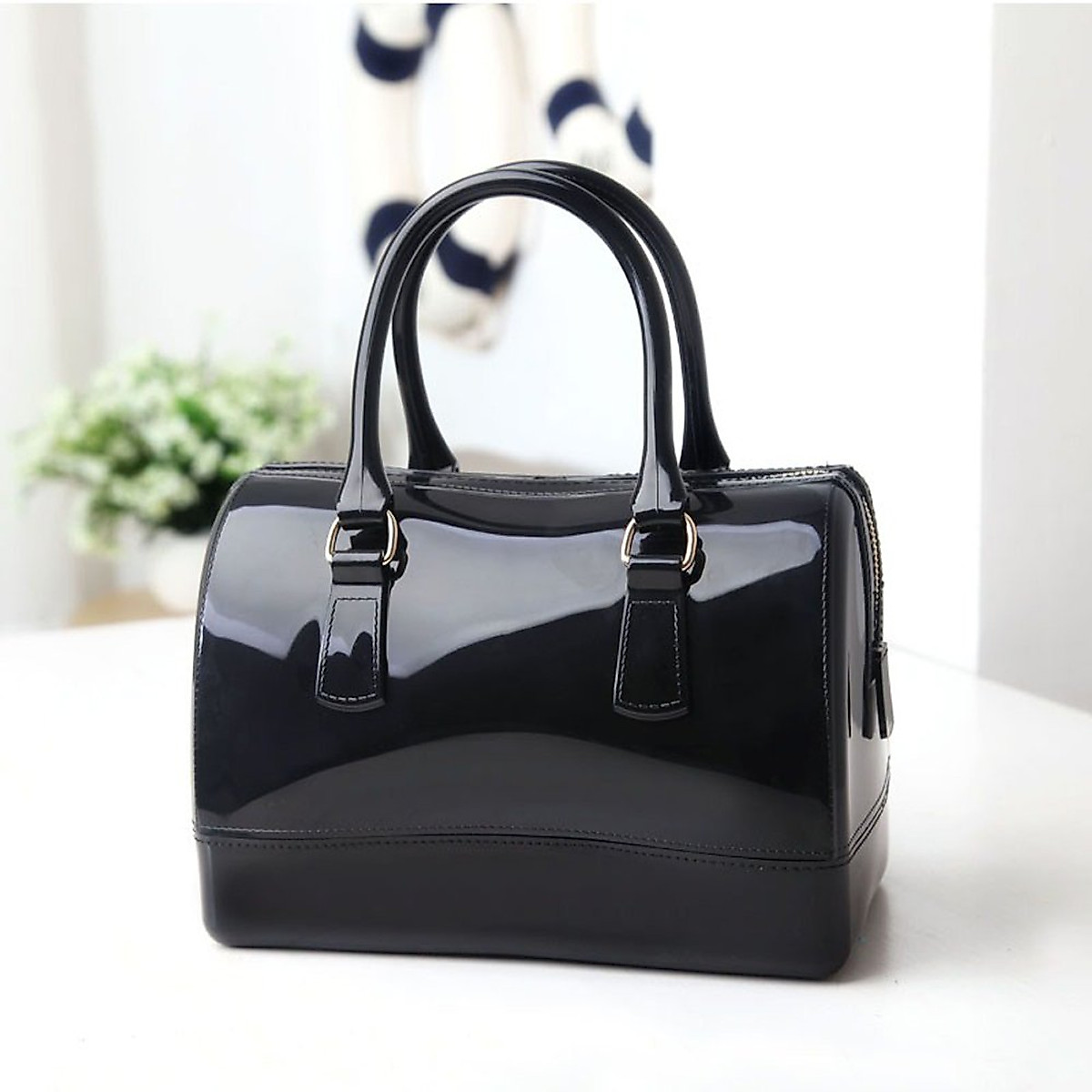 Ladies Summer Jelly Pillow-shaped Top Handle Handbag Candy Color Transparent Crystal Purse (Candy Black)