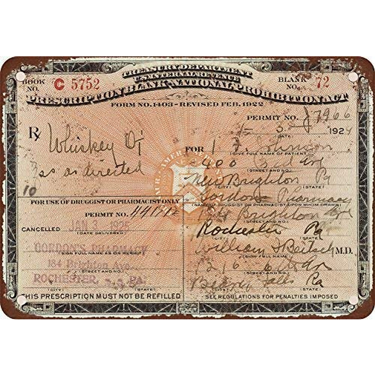 Tin Sign 1924 Prescription for Whiskey During Prohibition Vintage Look Metal Tin Sign 12X8 Inches Club Restaurant Gift Vintage