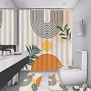 FZDHHY Mid Century Shower Curtain Set Boho Shower Curtain Set with Rugs,Abstract Bathroom Decor Accessories Waterproof Shower Curtain for Bathroom with Mat