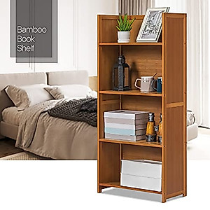 MoNiBloom 4 Tier Bookshelf, Bamboo Display Shelves Bookcase Storage Book Shelves Organizer Freestanding for Living Room Bedroom Office Décor, Brown