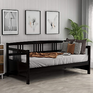 Royard Oaktree Solid Wood Daybed, Twin Size Daybed with Three-Side Rail, Modern Sofa Bed Frame with Wooden Slats Support Mattress Foundation for Bedroom, Living Room, Guest Room, Espresso