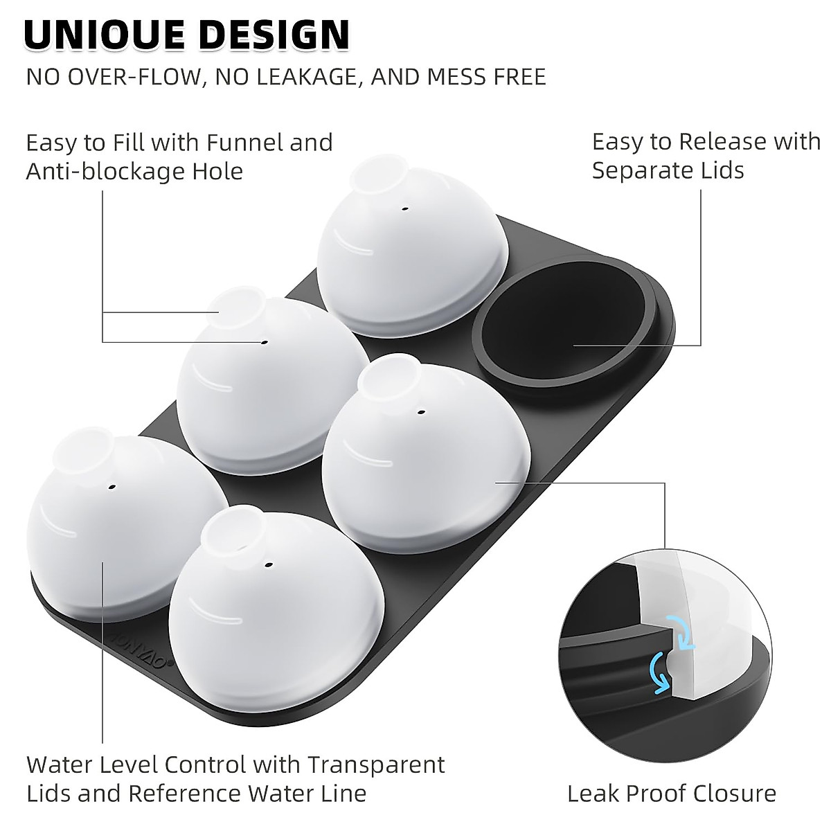 HONYAO Whiskey Cocktail Ice Mold, Easy Fill and Release Silicone Round Ice Ball Maker Mold Large Square Ice Cube Tray with Lid - 6 Ice Balls + 6 Ice Cubes Black