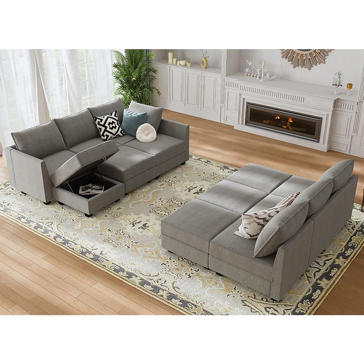 HONBAY Modular Sofa Couch with Storage Seats U Shaped Modular Sectional Sofa with Reversible Chiase Oversized Modular Sofa Sleeper Set with Ottomans, Grey