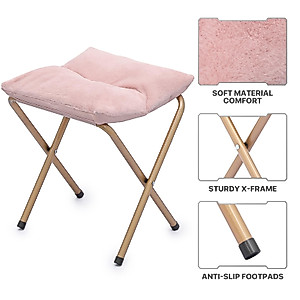 MoNiBloom Round Folding Faux Fur Saucer Chair for Bedroom Living Room Dorm Foldable Metal Frame Oversized Large Comfy Furry Padded Soft Cozy Moon Chair with Footrest Ottoman for Adults (Pink)