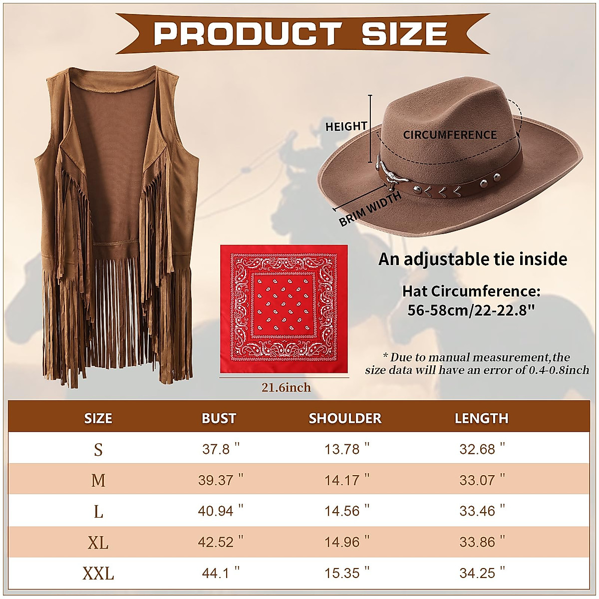 PARTTELY Western Cowgirl Outfits for Women, 70s Hippie Costume Cowgirl Tassels Fringe Vest, Cowboy Hat for Women, Bandana