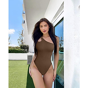 OQQ Women's 3 Piece Sexy Ribbed Sleeveless One Shoulder Tank Top Exercise BodySuit, Black Coffee Beige, Large