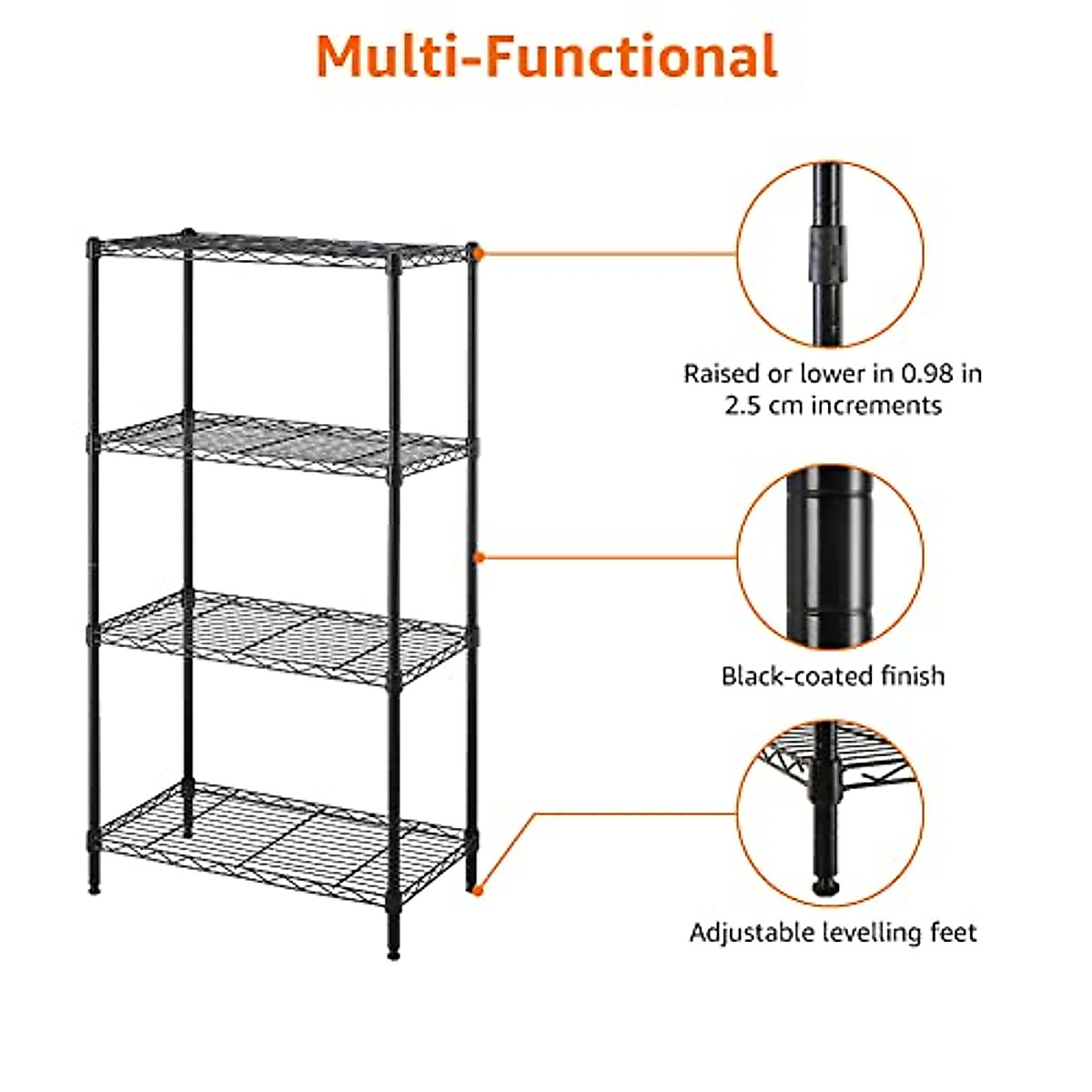 Amazon Basics 4-Shelf Adjustable, Storage Shelving Unit, (200 Pound Loading Capacity per Shelf), Steel Organizer Wire Rack, 13.4"D x 23.2"W x 48"H, Black