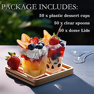 Hiasobre 50Pack 5oz Clear Plastic Dessert Cups with Lids and Spoons, Reusable Square Parfait Appetizer Cups, Party Trifle Shooter Serving Cups, Mini Dessert Shot Glasses for Tasting